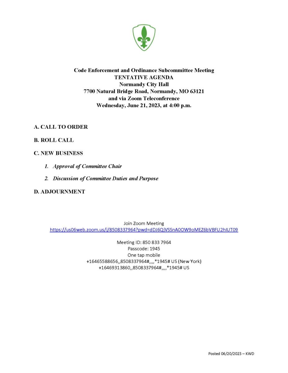 Code Enforcement and Ordinance Subcommittee Meeting | Normandy, MO